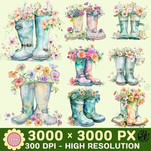 Watercolor Spring Rain Boots PNG, Flower Clip Art Portrait, Hello ...