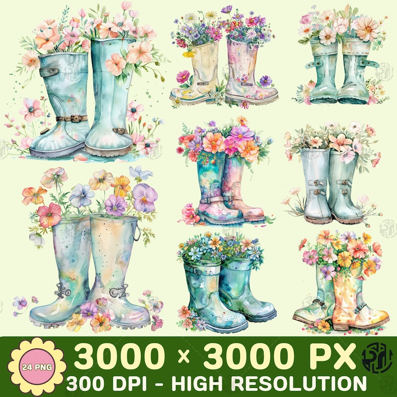 Watercolor Spring Rain Boots PNG, Flower Clip Art Portrait, Hello ...