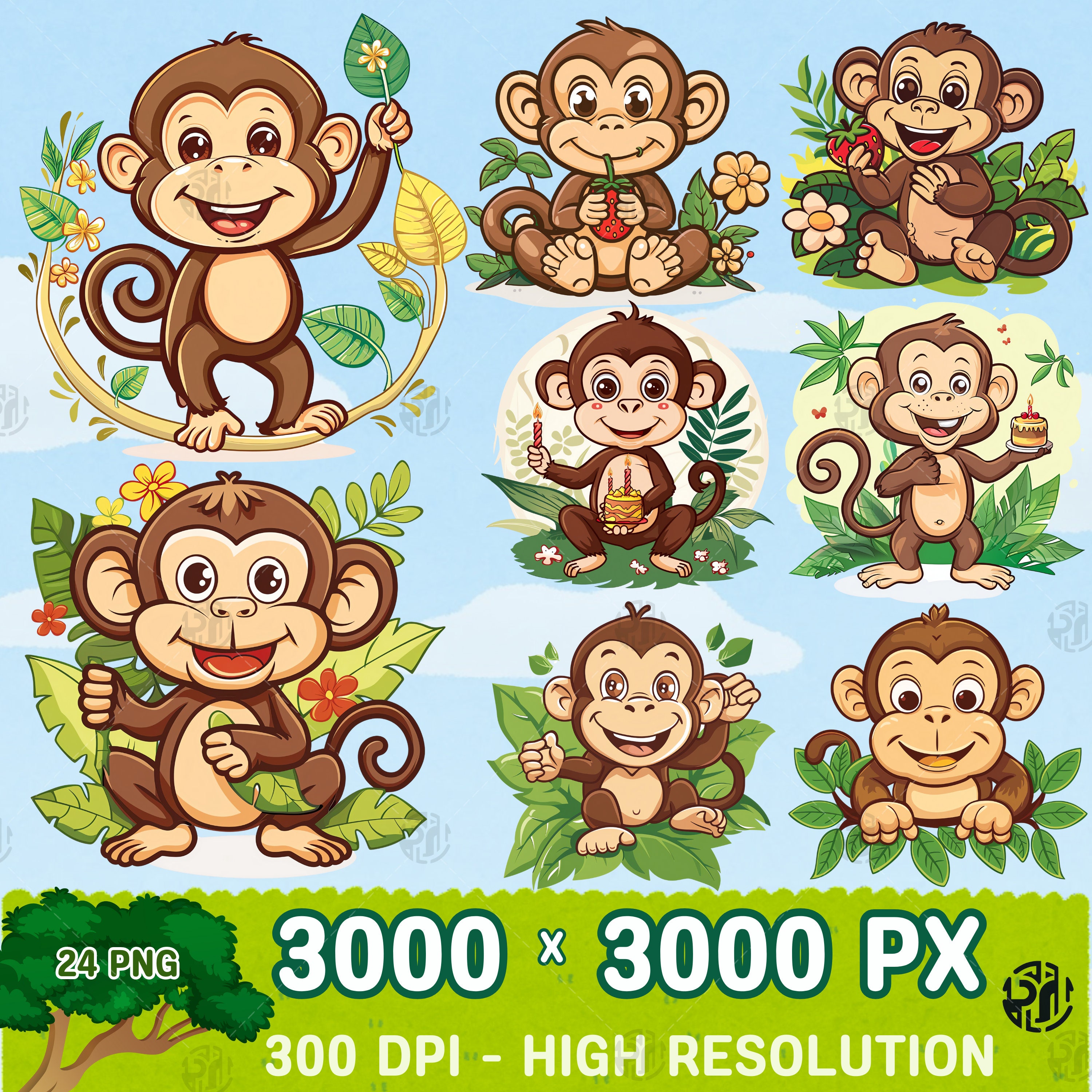 Watercolor Cute Monkey PNG, Animal Clip Art Portrait, Monkeys With ...