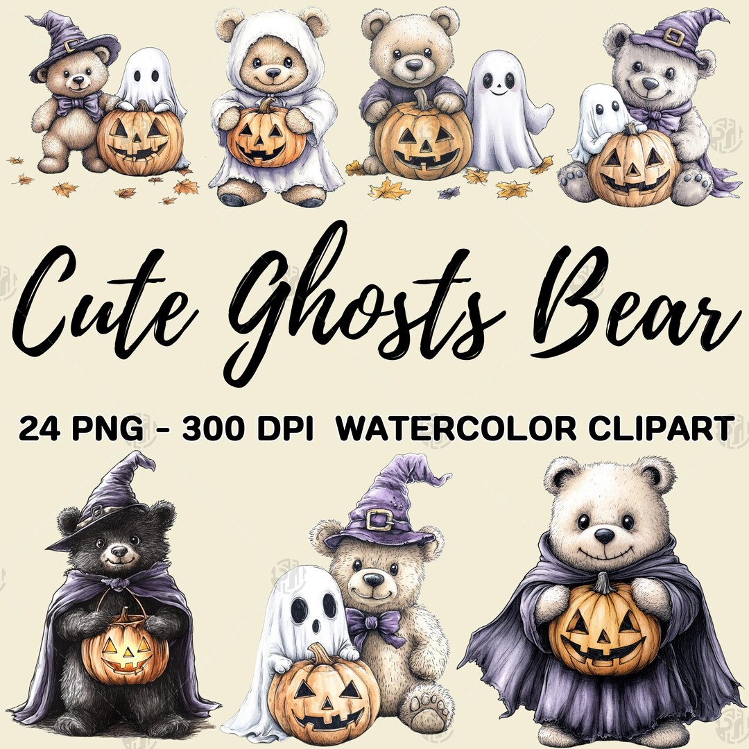 Watercolor Cute Ghosts and Bears PNG, Halloween Party Clip Art, Cute ...