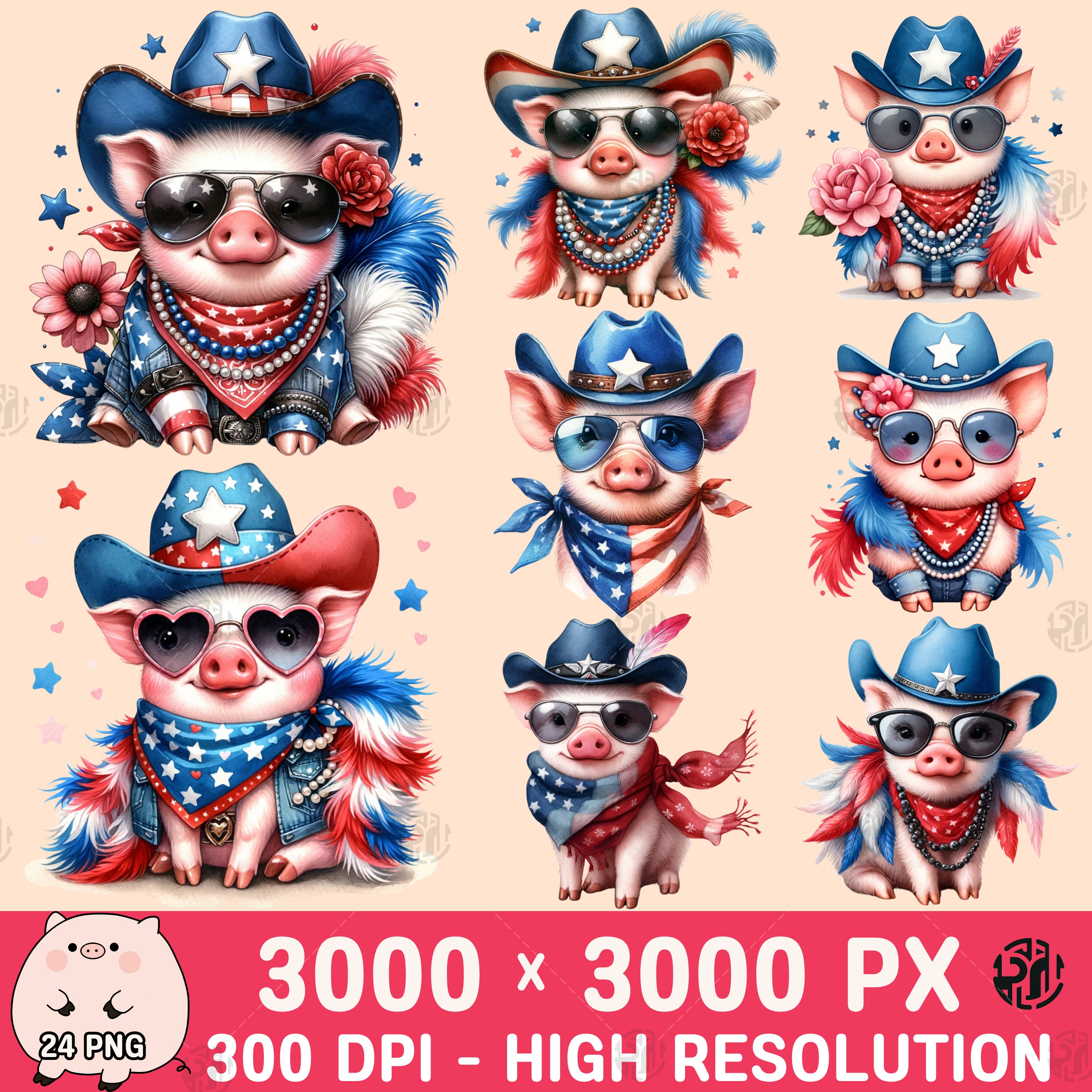 Watercolor Happy Pig PNG, Patriotic Clip Art Portrait, Cute Animal ...