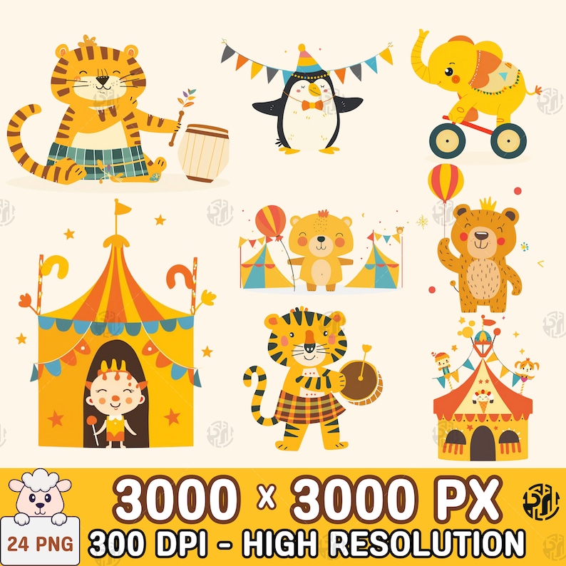 Watercolor Circus Animals Show PNG, Cute Animal Clip Art, Balloons ...