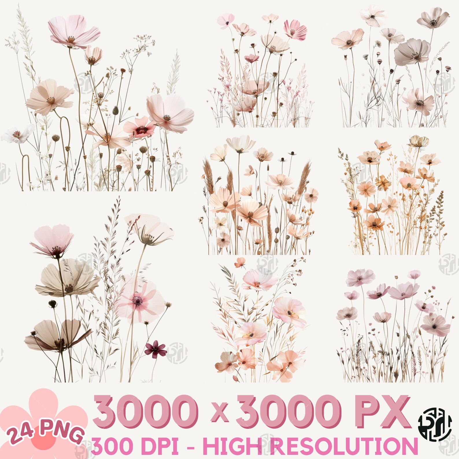 Watercolor Pink Beige Wildflower PNG, Wild Flower Clipart, Boho Floral ...