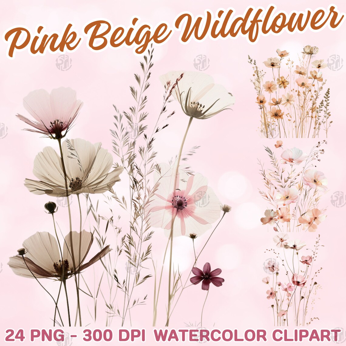 Watercolor Pink Beige Wildflower PNG, Wild Flower Clipart, Boho Floral ...