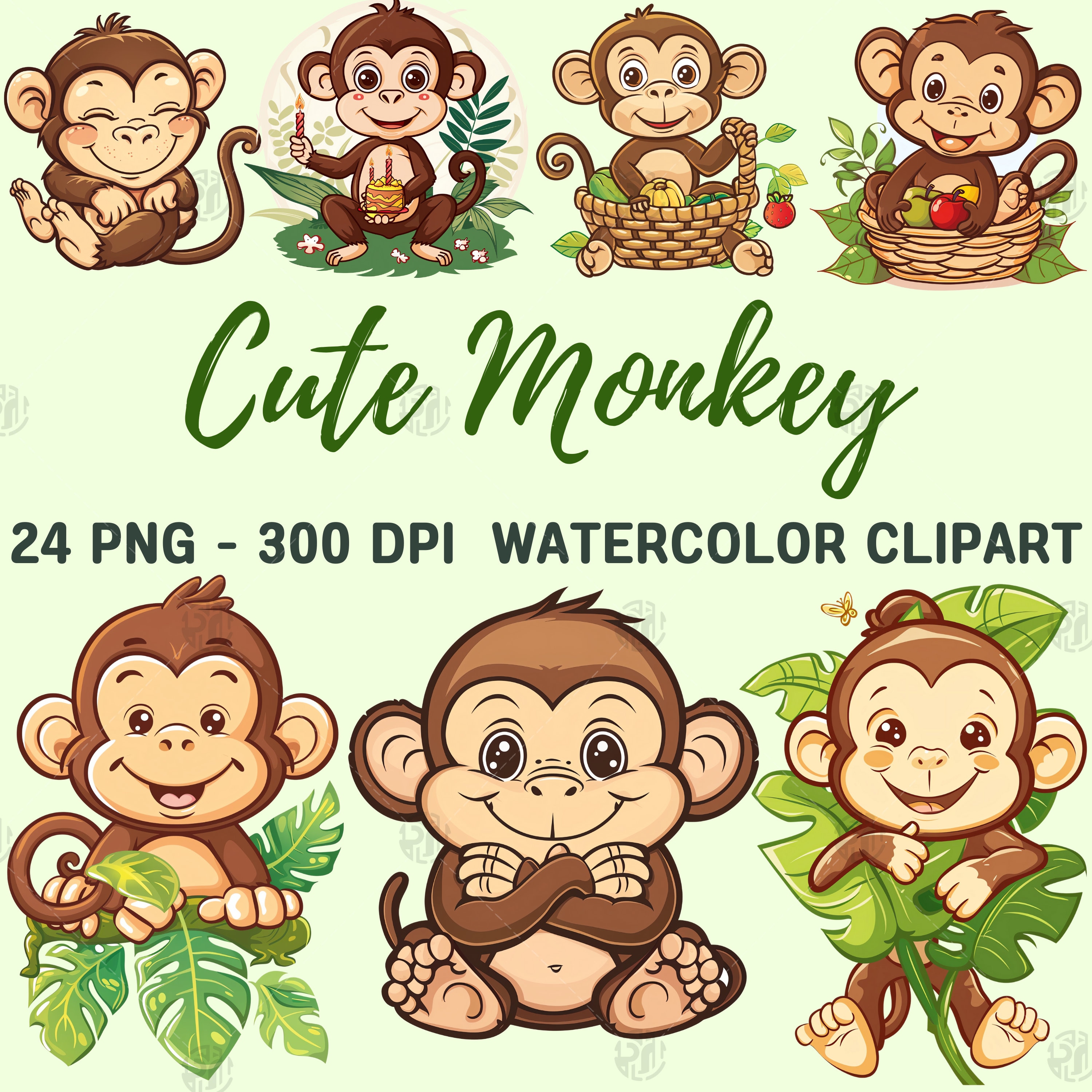 Watercolor Cute Monkey PNG, Animal Clip Art Portrait, Monkeys With ...