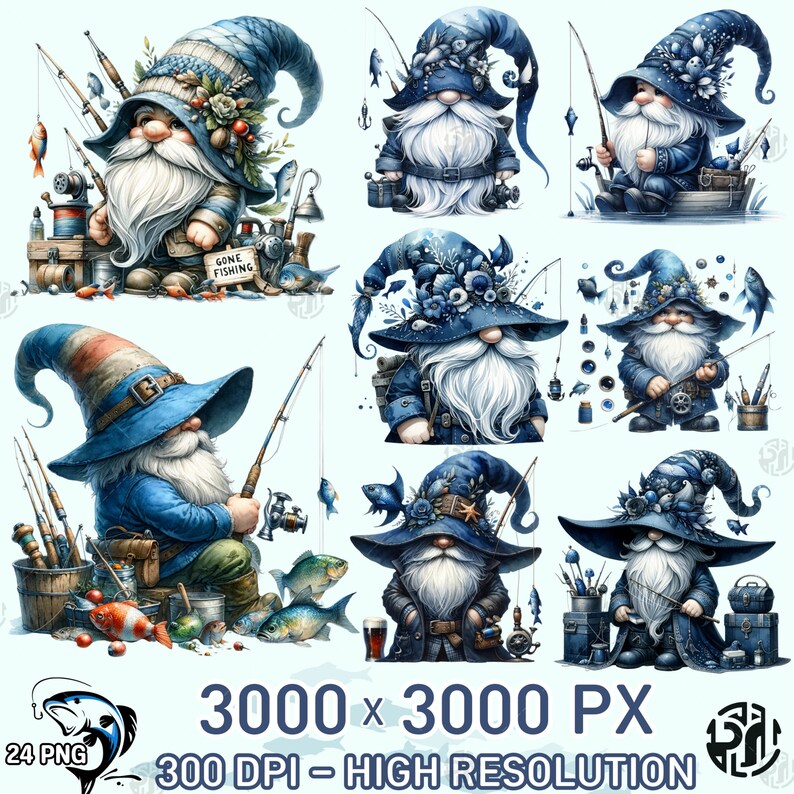 Watercolor Fishing Gnome PNG, Cute Fisherman Gnomes Clipart, Fly ...