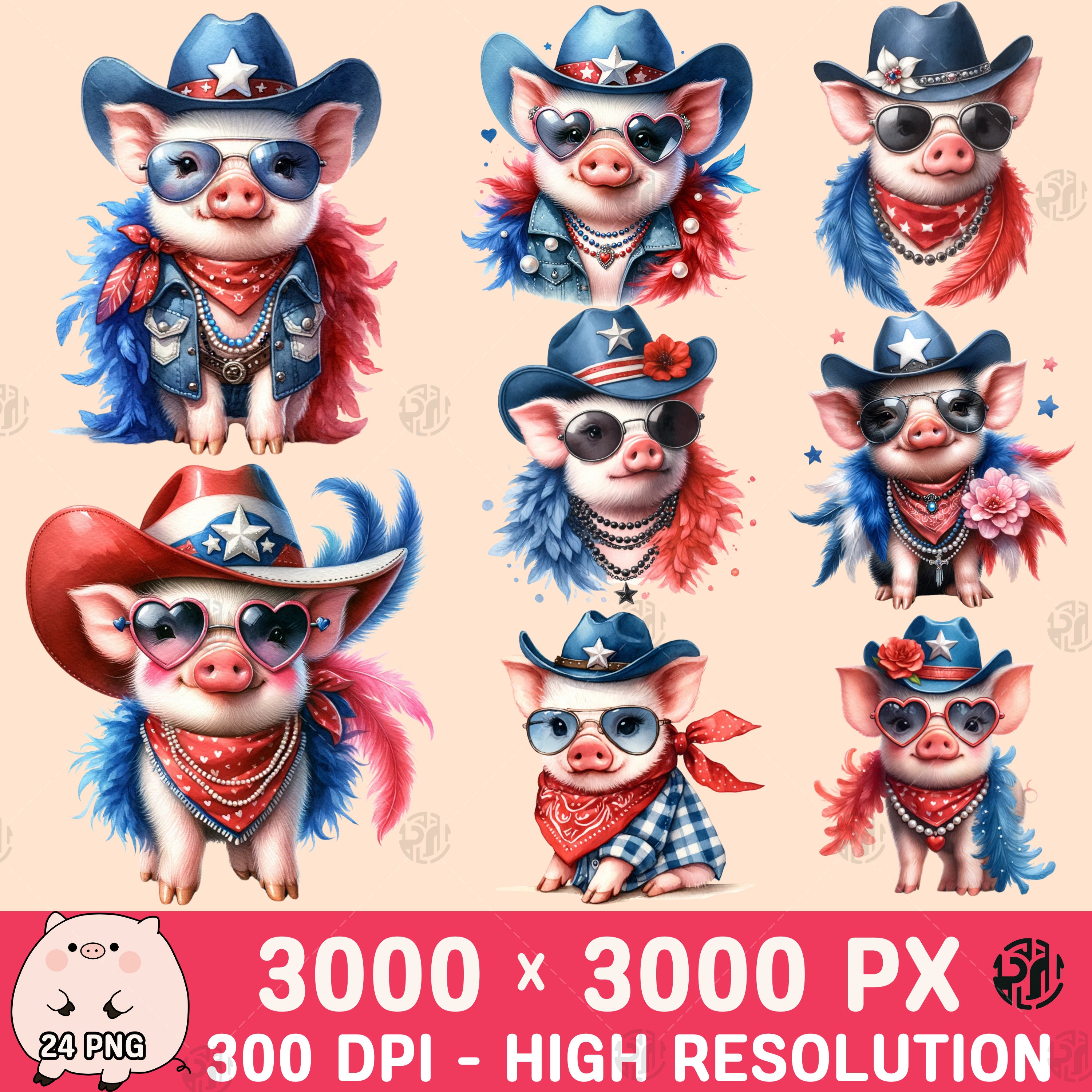 Watercolor Happy Pig PNG, Patriotic Clip Art Portrait, Cute Animal ...