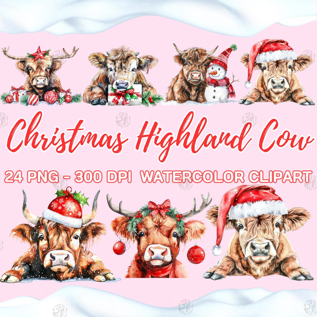 Watercolor Christmas Highland Cow PNG, Cow Lover Clip Art, Cute Animals ...