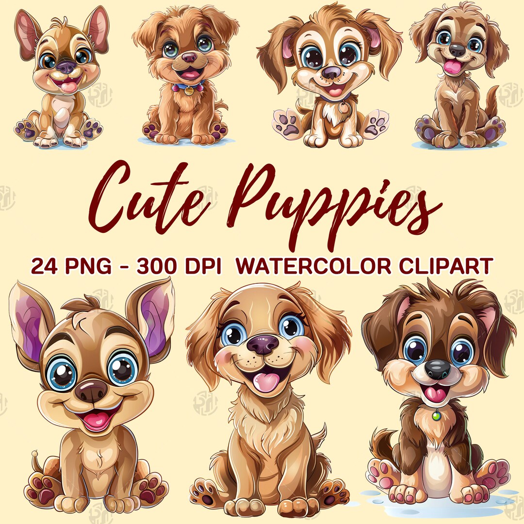 Watercolor Adorable Cartoon Puppies PNG, Cute Puppy Clip Art, Playful ...