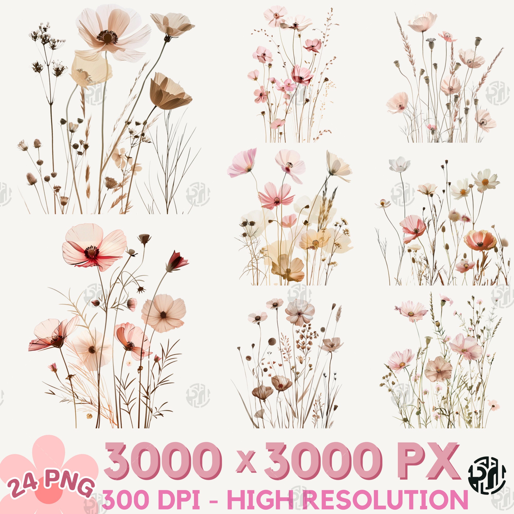 Watercolor Pink Beige Wildflower PNG, Wild Flower Clipart, Boho Floral ...