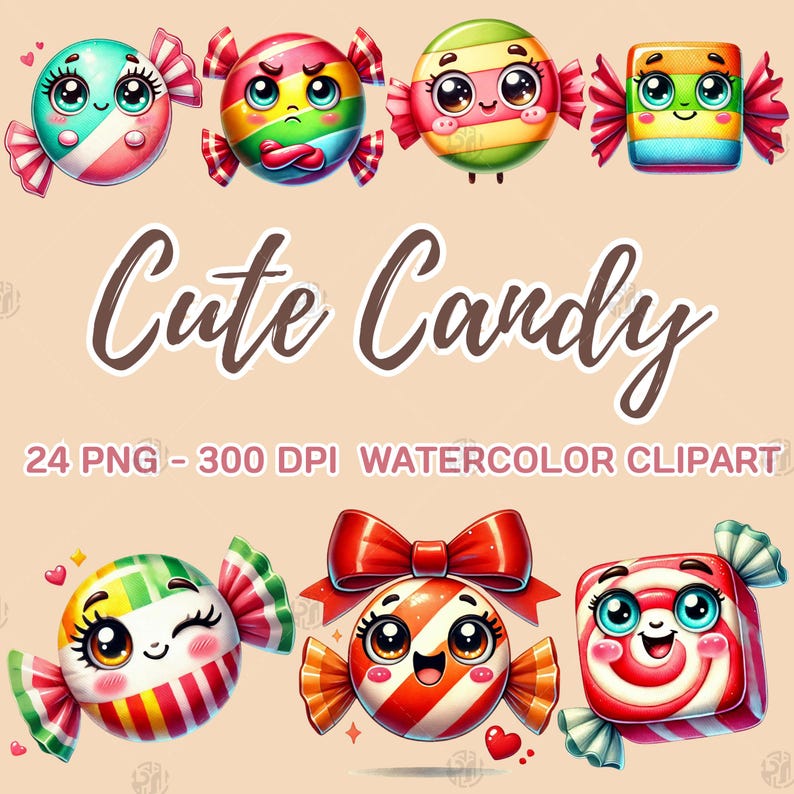 Watercolor Cute Candy PNG, Funny Faces Clip Art, Kawaii Sweet Treats ...