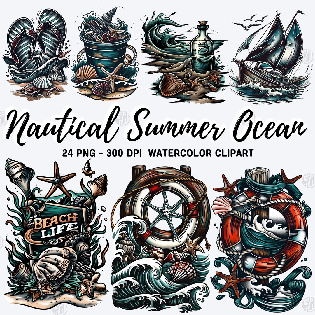 Watercolor Nautical Summer Ocean PNG, Beach Clip Art Portrait, Blue Sea ...