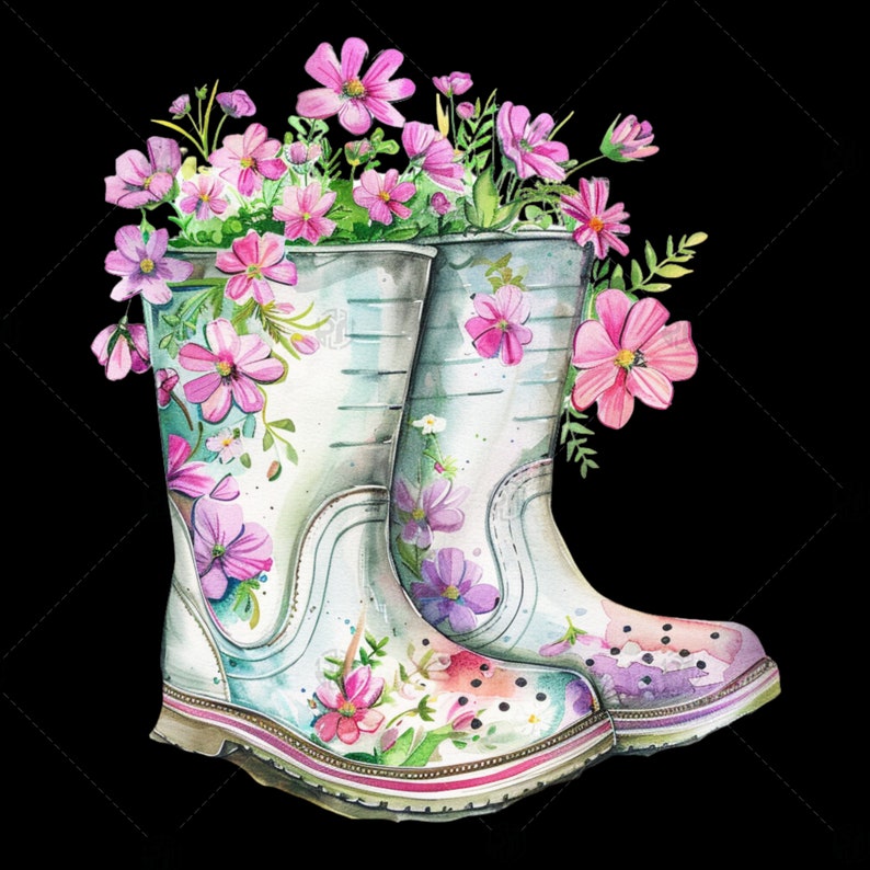 Watercolor Spring Rain Boots PNG, Flower Clip Art Portrait, Hello ...