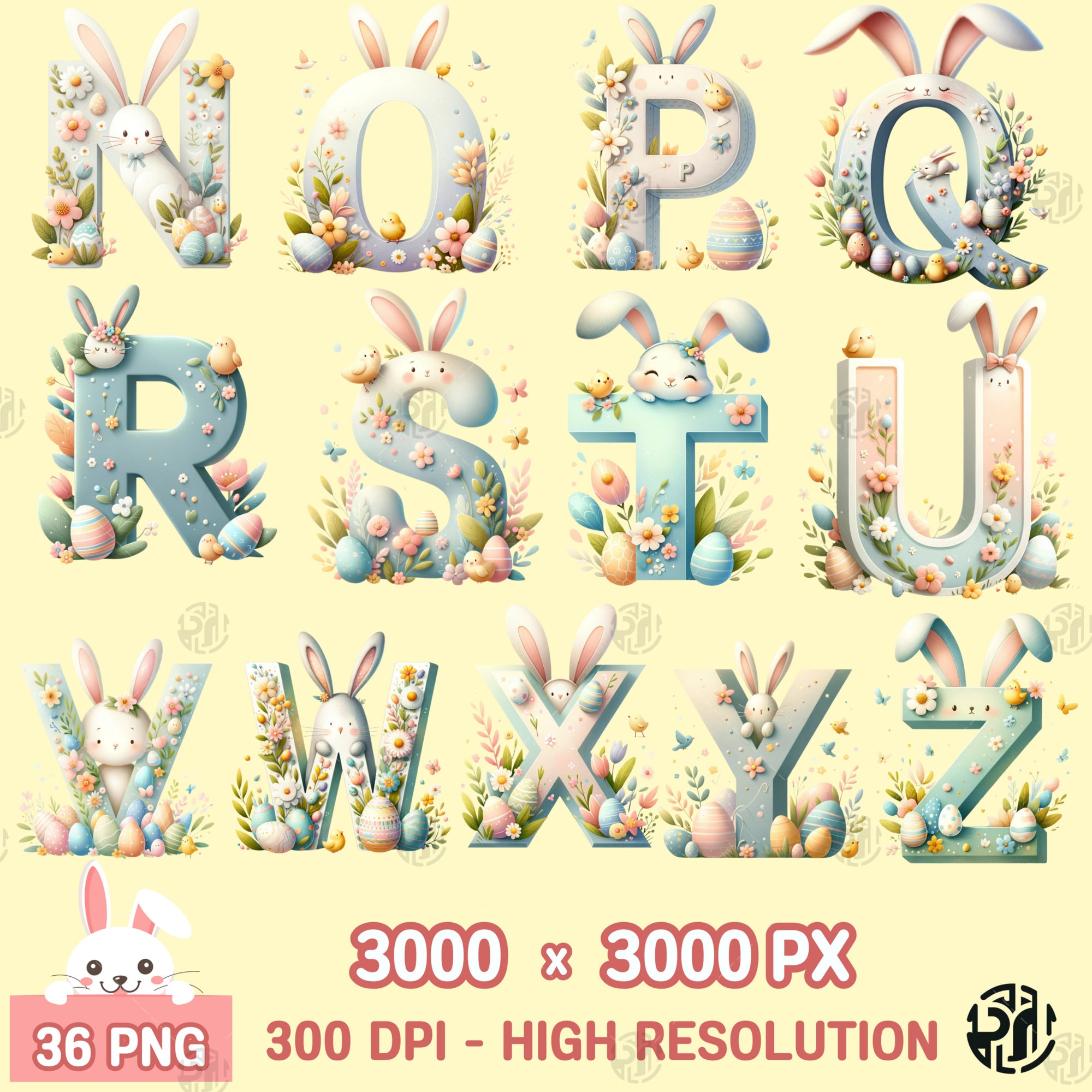 Watercolor Easter Bunny Alphabet & Number PNG, Easterbunny Clipart ...