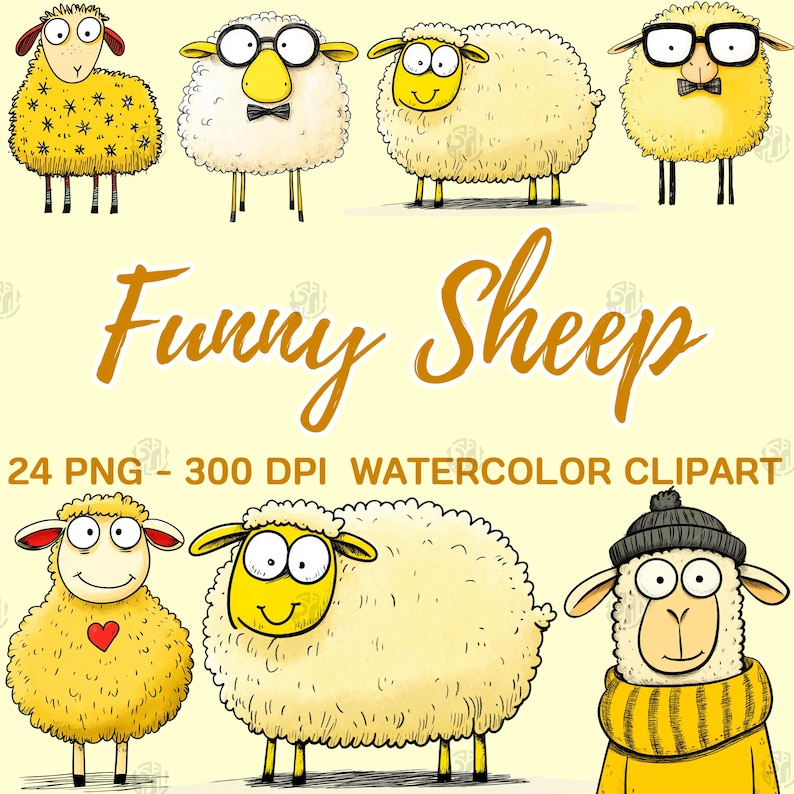 Watercolor Funny Sheep PNG, Cute and Quirky Clip Art, Cartoon Clipart ...
