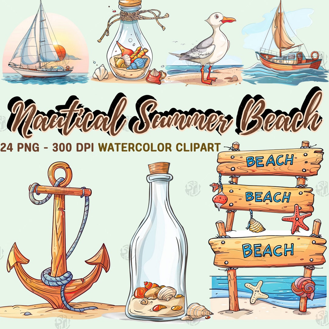 Watercolor Nautical Summer Beach PNG, Ocean Clip Art Portrait, Travel ...