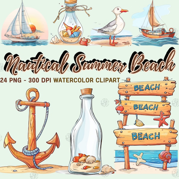 Watercolor Nautical Summer Beach PNG, Ocean Clip Art Portrait, Travel ...