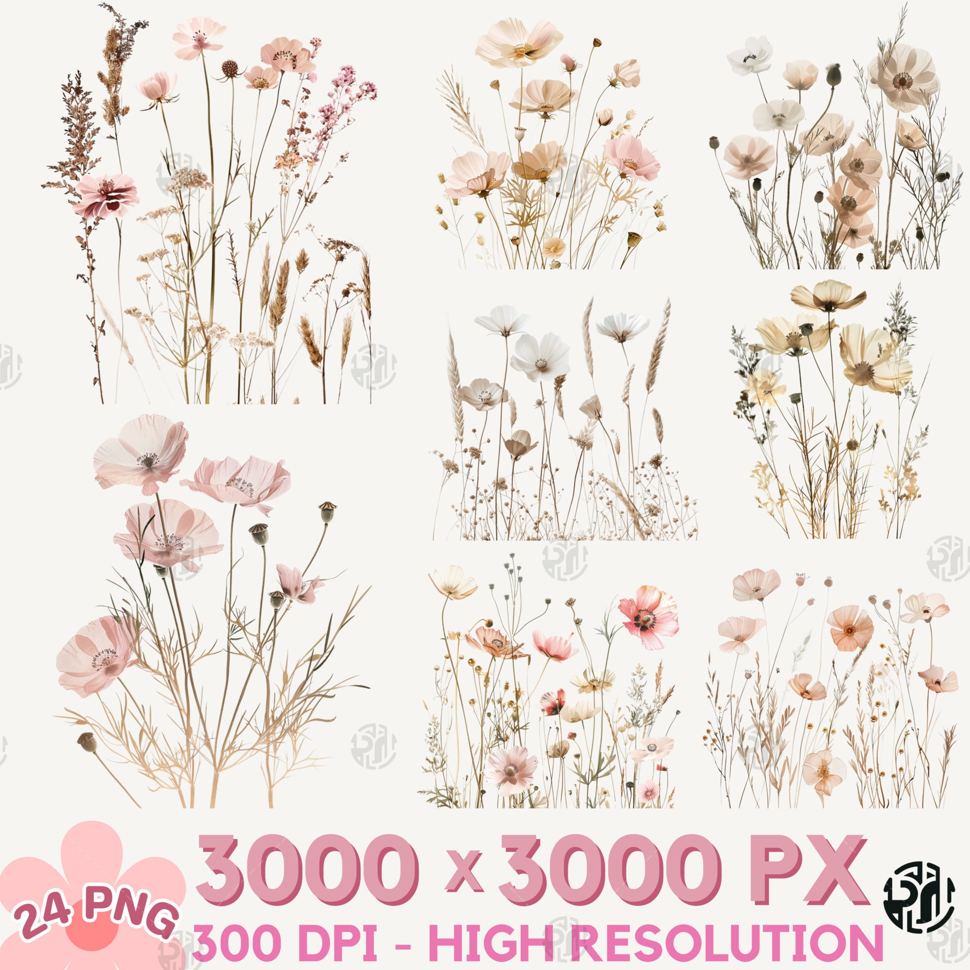 Watercolor Pink Beige Wildflower PNG, Wild Flower Clipart, Boho Floral ...