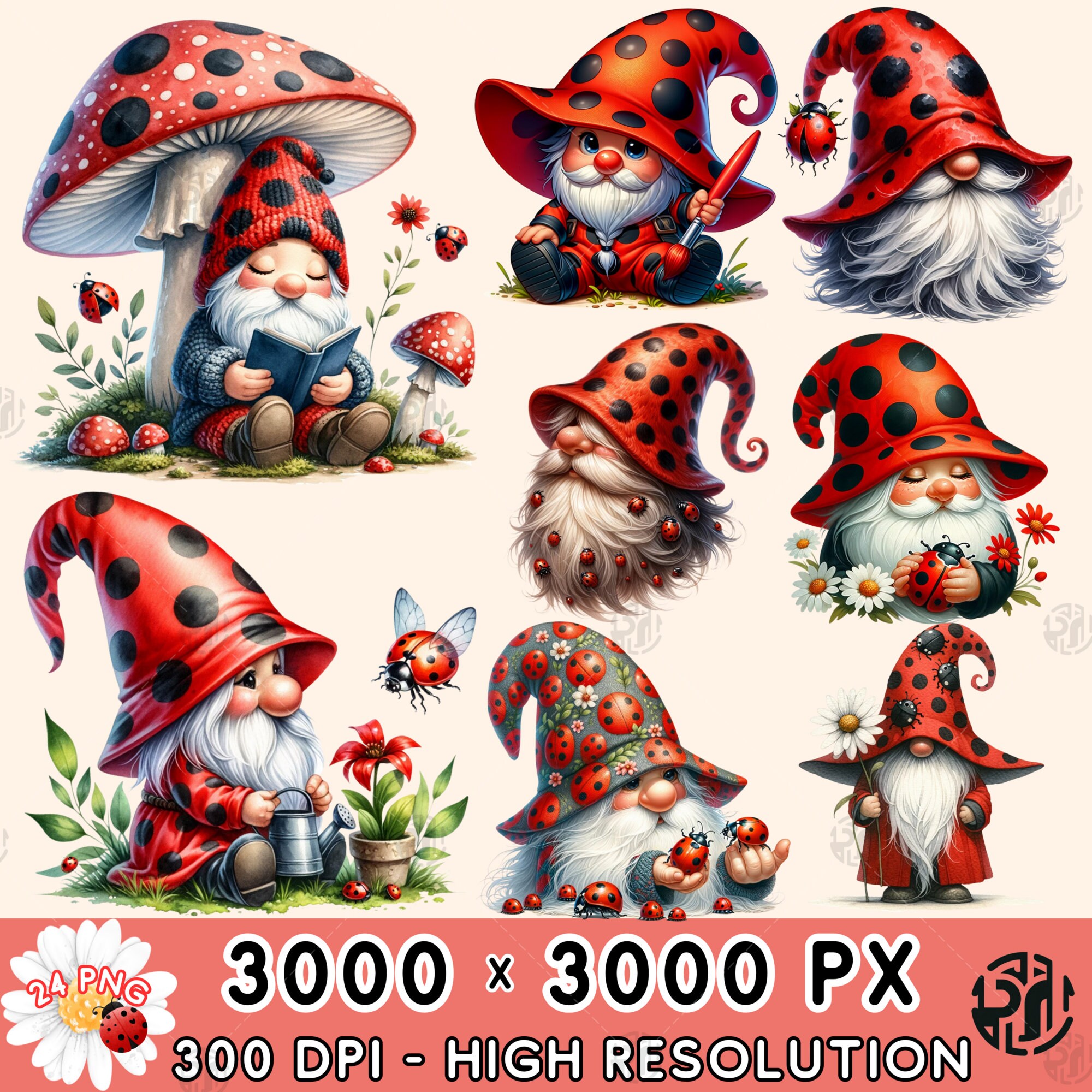 Watercolor Ladybug Gnome PNG, Cute Love Bug Gnomes Clipart, Spring ...
