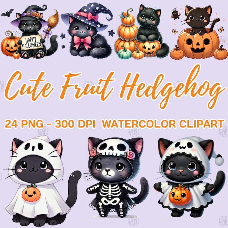 Watercolor Black Cat Halloween PNG, Kawaii Pumpkin Clip Art, Cute Ghost ...