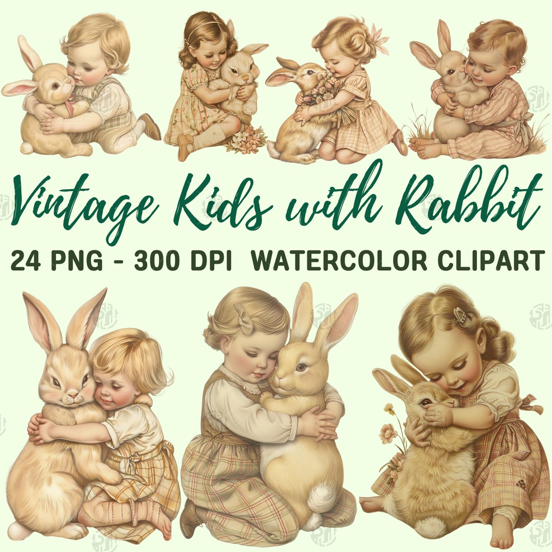 Watercolor Vintage Kids With Rabbit PNG, Cute Bunny Clip Art, Girl and ...