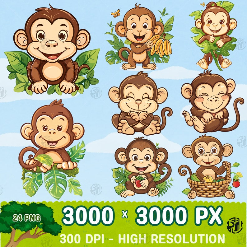 Watercolor Cute Monkey PNG, Animal Clip Art Portrait, Monkeys With ...