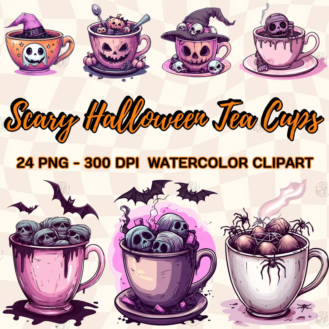 Watercolor Scary Halloween Tea Cups PNG, Cute Spooky Clip Art, Coffee ...