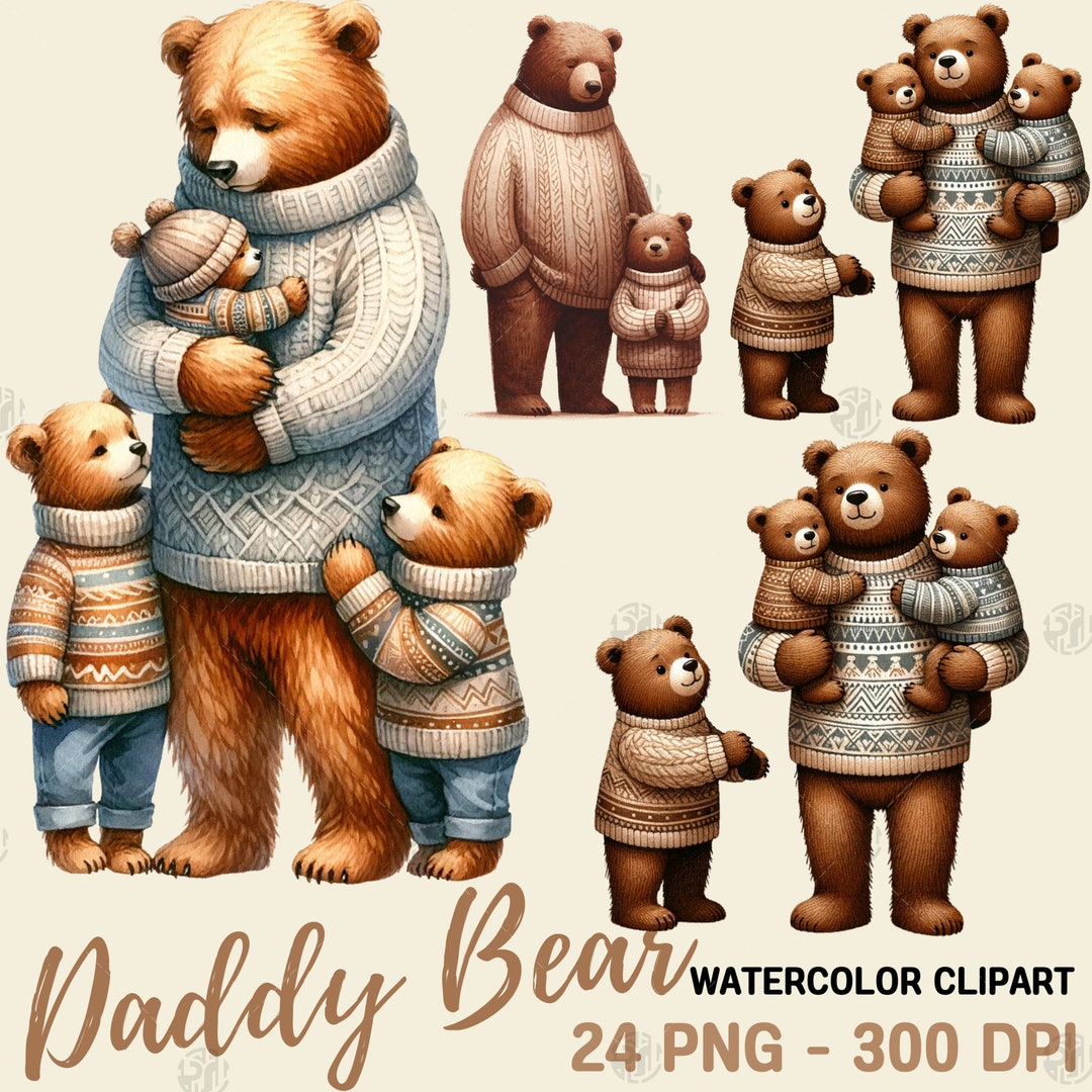 Watercolor Daddy Bear PNG, Heartwarming Poppa Clip Art Portrait, Father ...