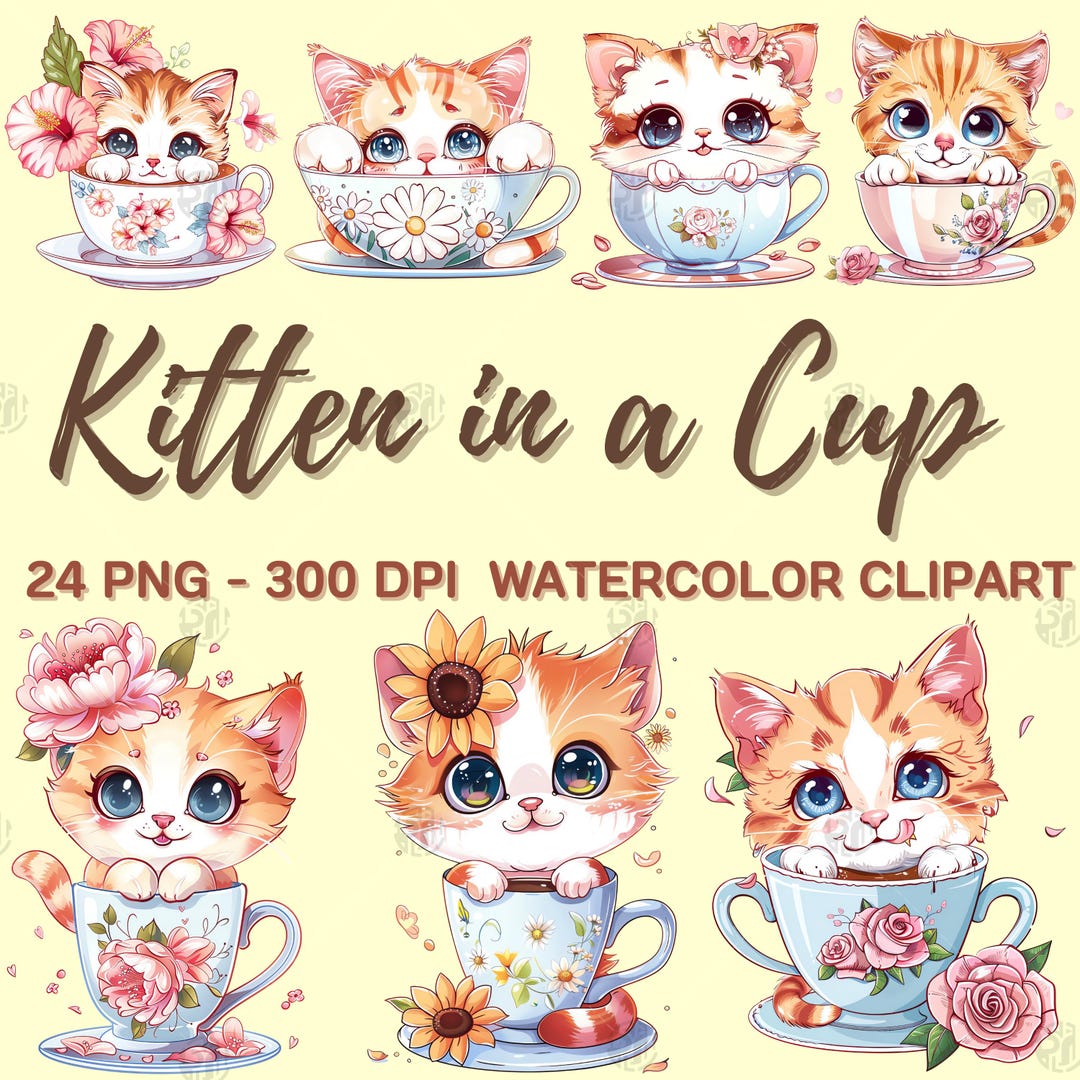 Watercolor Kitten in a Cup PNG, Cute Cat Clip Art, Kawaii Coffee Mug ...