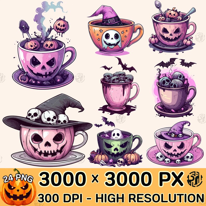 Watercolor Scary Halloween Tea Cups PNG, Cute Spooky Clip Art, Coffee ...