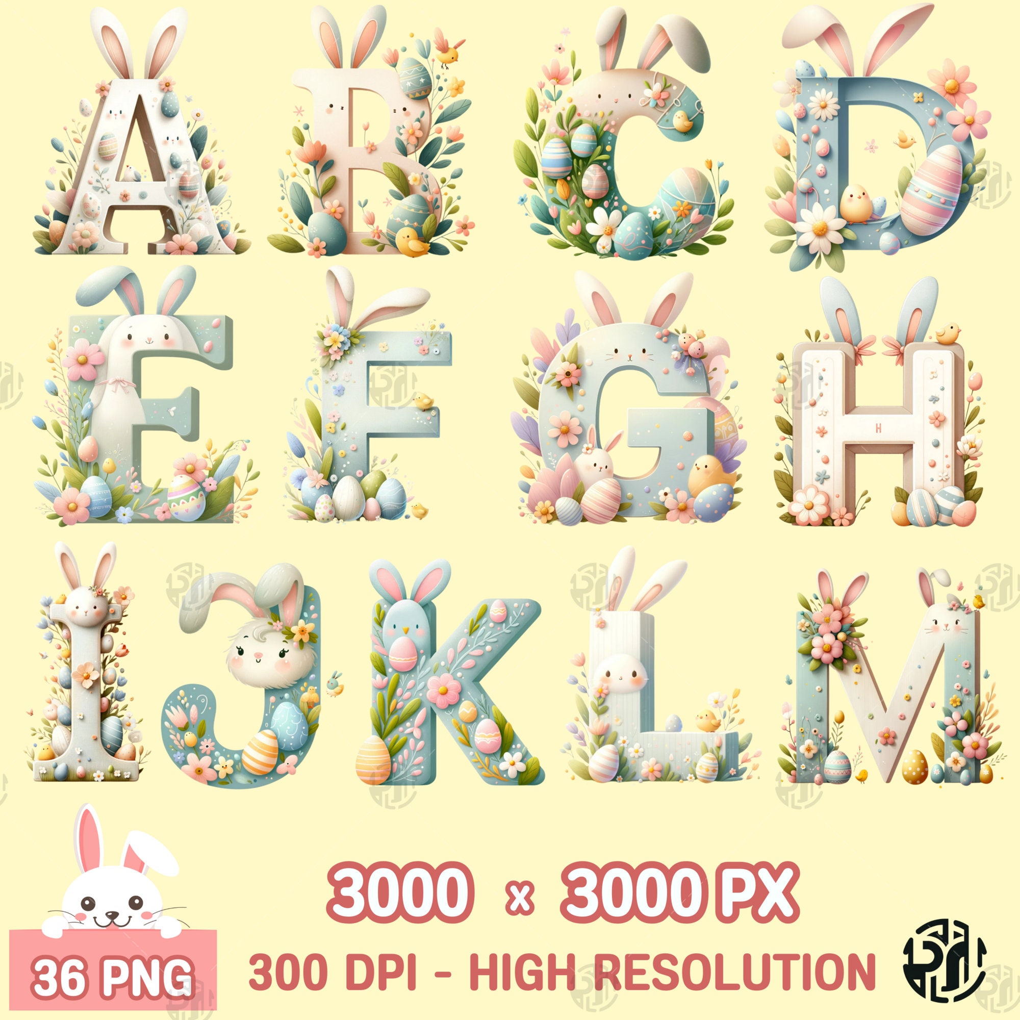 Watercolor Easter Bunny Alphabet & Number PNG, Easterbunny Clipart ...