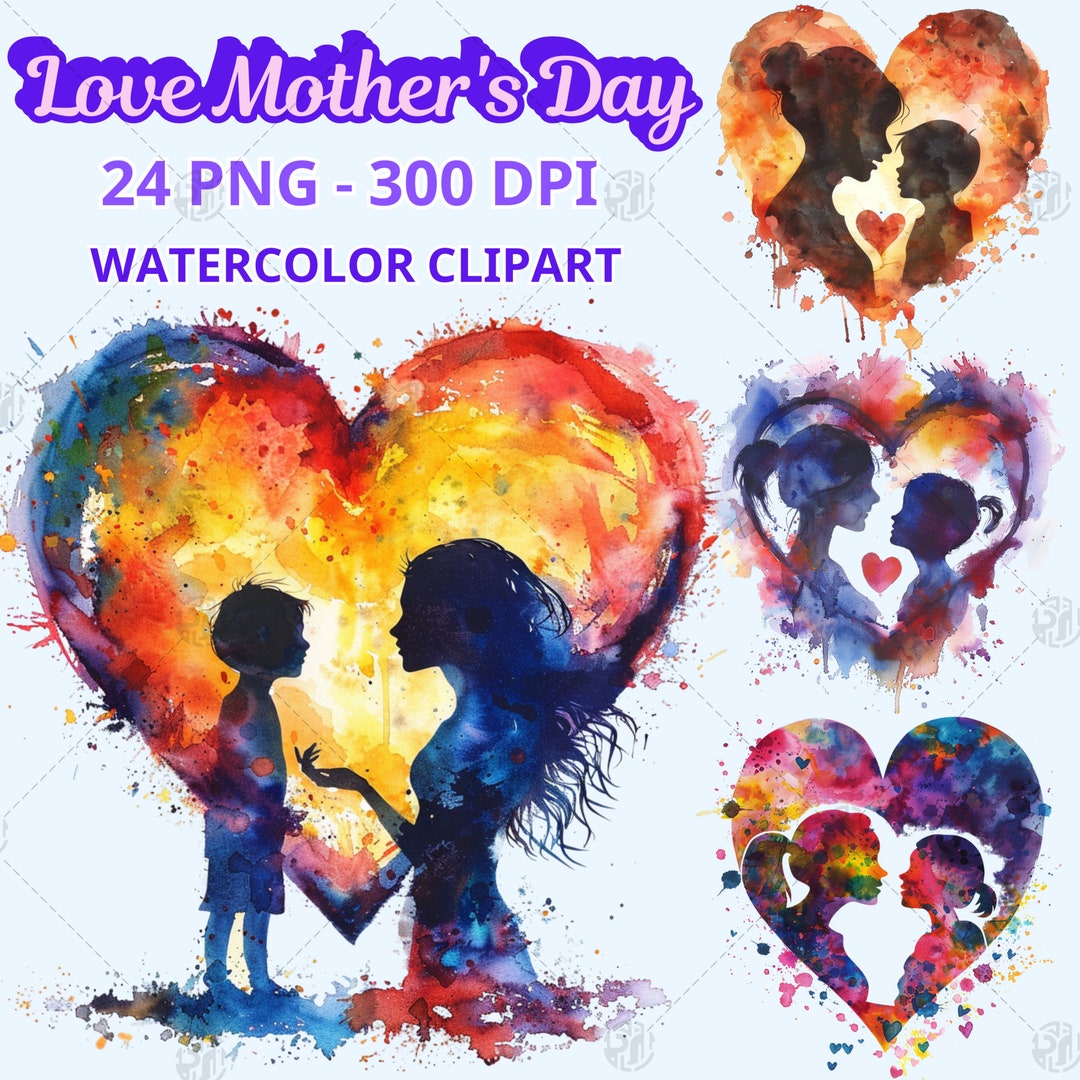Watercolor Love Mother's Day PNG, Heart Mothers Clip Art Portrait, Cute ...