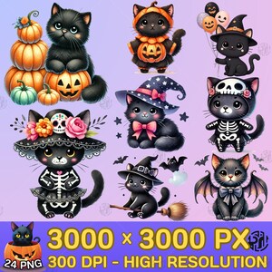 Watercolor Black Cat Halloween PNG, Kawaii Pumpkin Clip Art, Cute Ghost ...