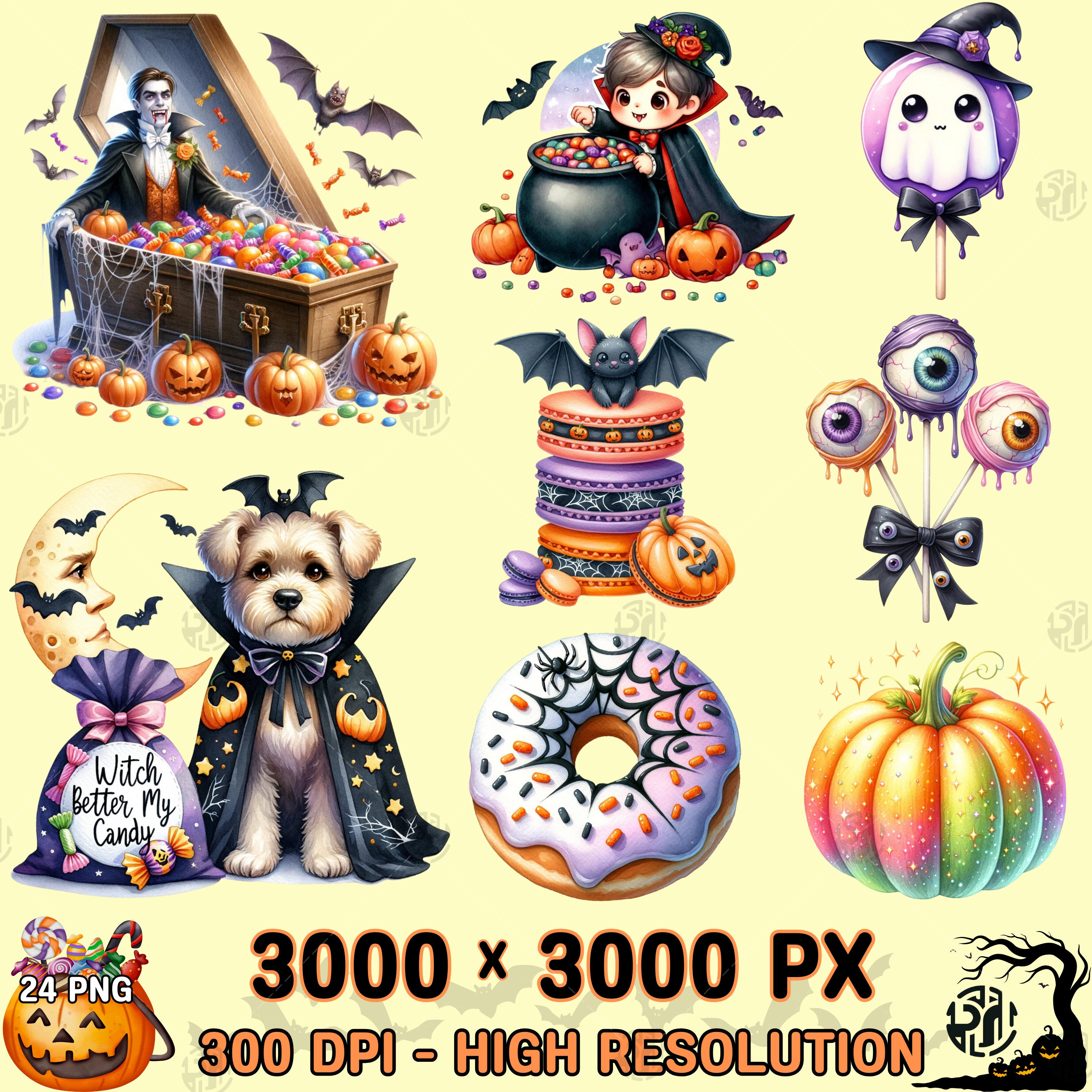 Watercolor Halloween Candy Shop PNG, Scary Candy Clip Art, Fun Cartoon ...