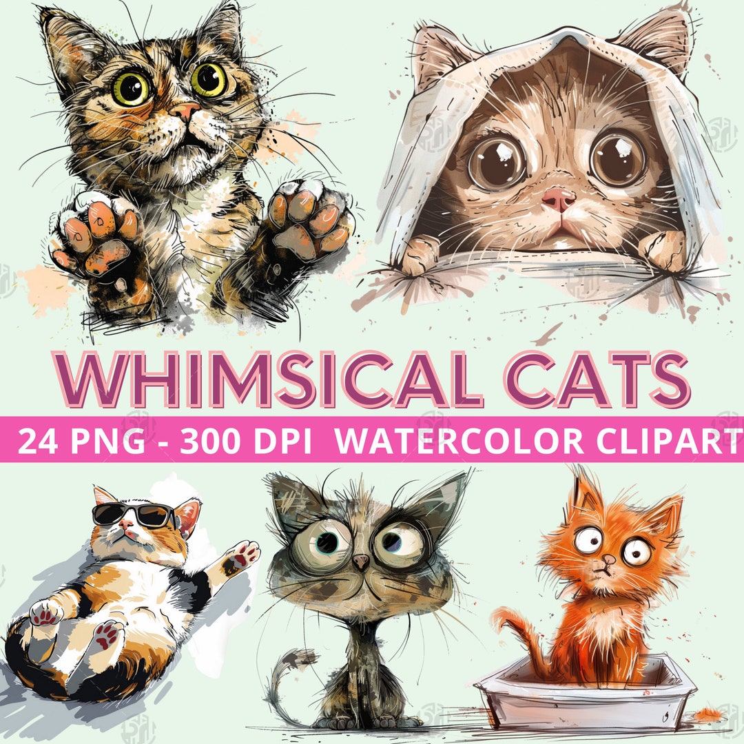 Watercolor Whimsical Cats PNG, Quirky Kitten Clip Art Portrait, Cute ...