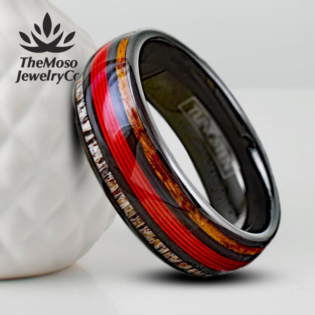 Deer Antler Fishing Ring Tungsten Whiskey Barrel Wood Ring Men's ...