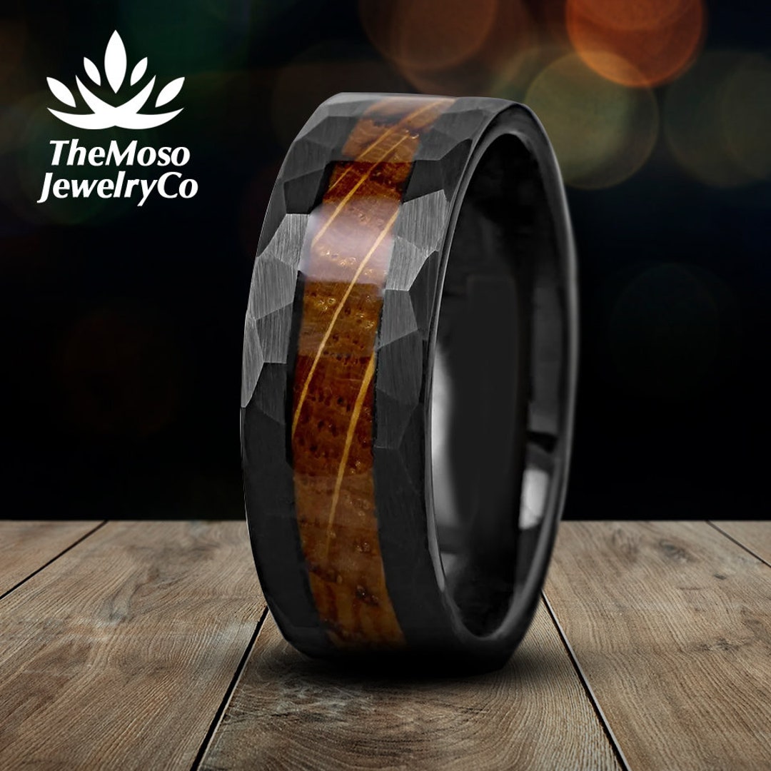 Black Hammered Wedding Ring With Charred Whiskey Barrel Whisky Barrel ...