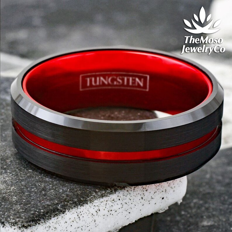 Black Tungsten Brushed Thin Red Line Wedding Band Ring Tungsten Carbide ...