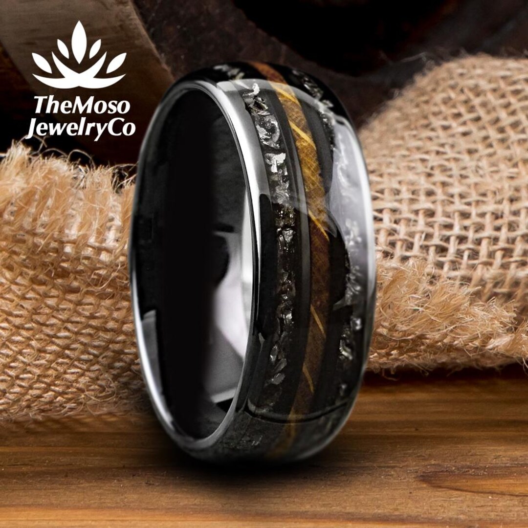 Burnt Whiskey Barrel Ring With Meteorite Meteorite Wedding Ring Whisky Barrel Band Unique Band ...