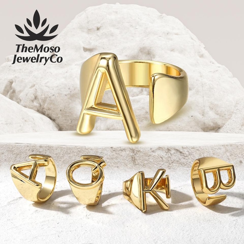 18K Gold Filled Chunky Initial Rings, Adjustable Initial Rings for ...