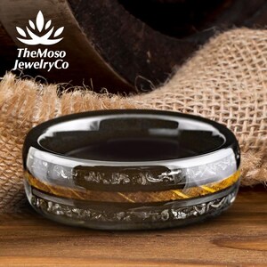 Burnt Whiskey Barrel Ring With Meteorite Meteorite Wedding Ring Whisky ...