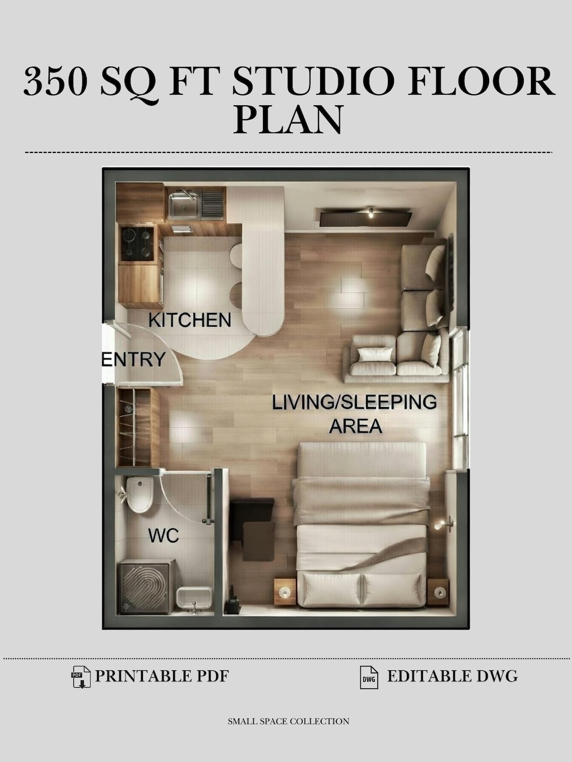 350 Sq Ft Studio Apartment Floor Plan | Minimalist Layout (PDF & DWG ...