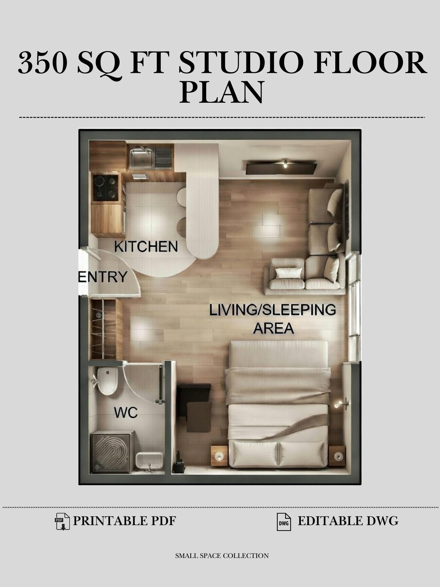 350 Sq Ft Studio Apartment Floor Plan | Minimalist Layout (PDF & DWG ...