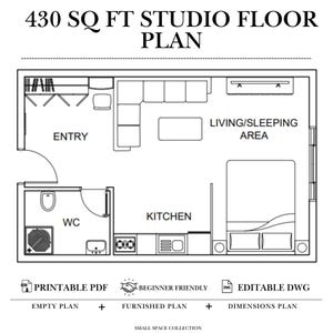 430 Sq Ft Studio Apartment Floor Plan | Tiny Home Design (PDF + DWG) - Etsy