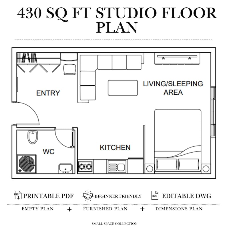 430 Sq Ft Studio Apartment Floor Plan | Tiny Home Design (PDF + DWG) - Etsy