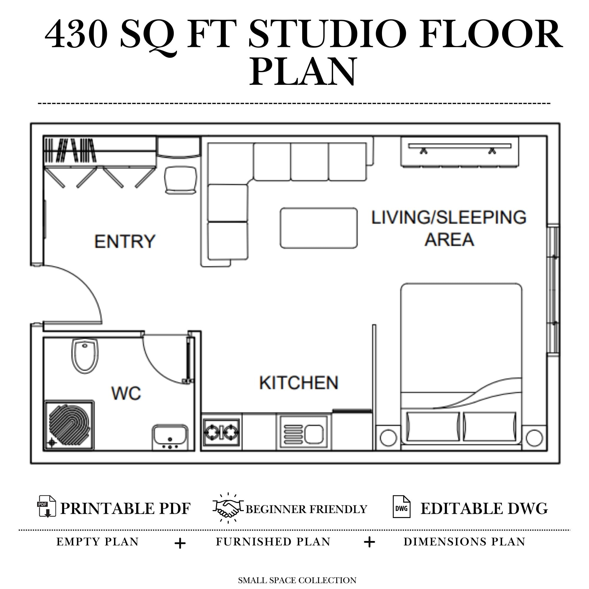 430 Sq Ft Studio Apartment Floor Plan | Tiny Home Design (PDF + DWG) - Etsy