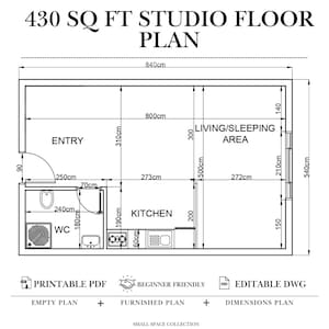 430 Sq Ft Studio Apartment Floor Plan | Tiny Home Design (PDF + DWG) - Etsy