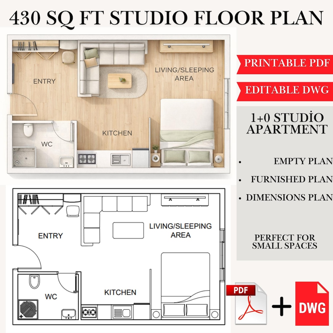 430 Sq Ft Studio Apartment Floor Plan | Furnished Layout (PDF + DWG) - Etsy