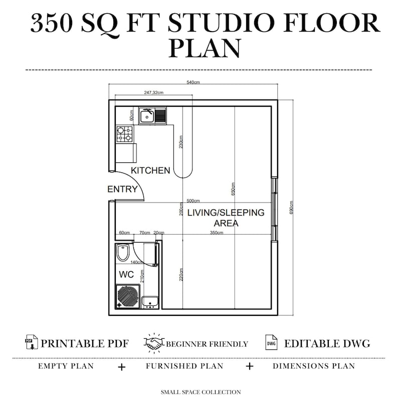 350 Sq Ft Studio Apartment Floor Plan | Minimalist Layout (PDF & DWG ...
