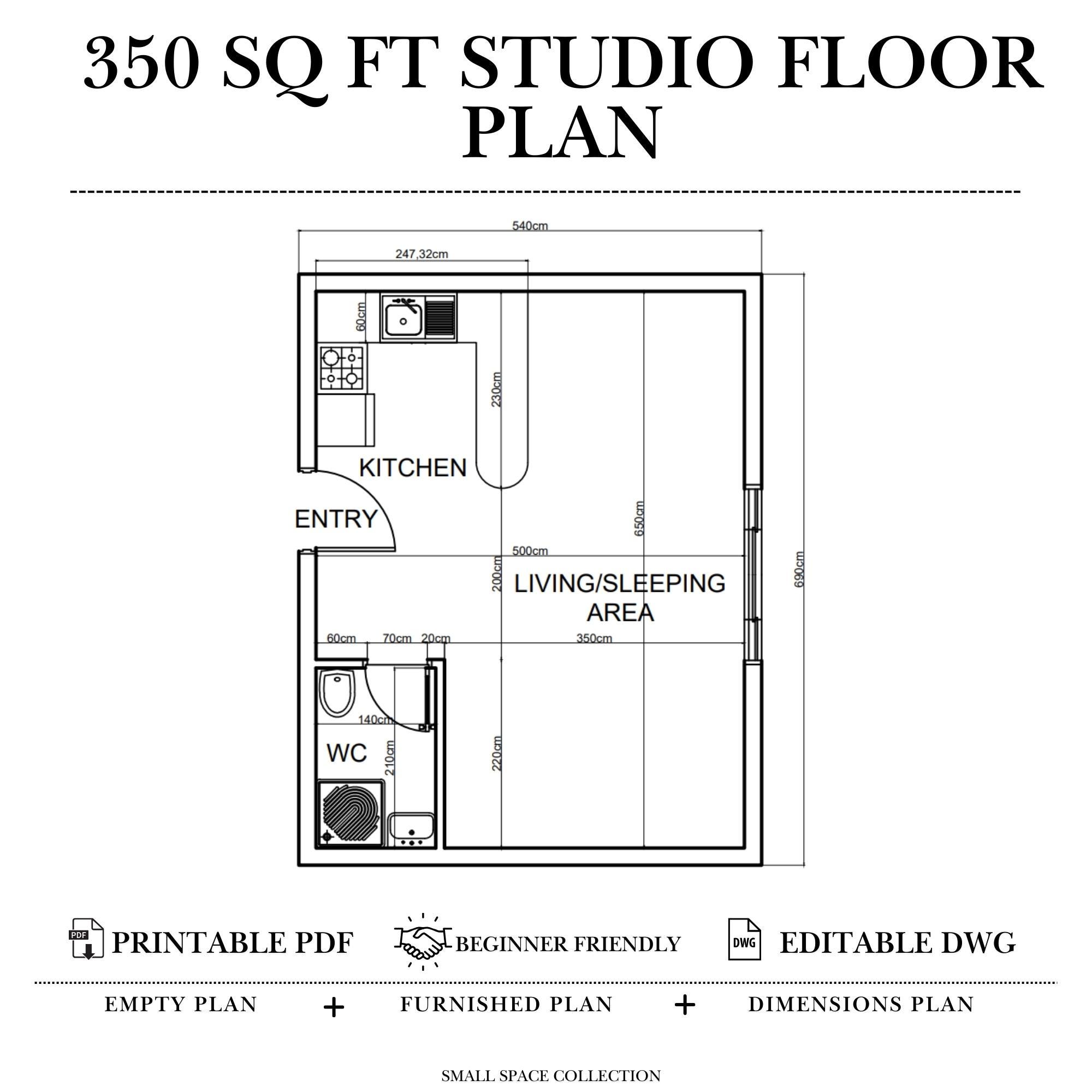 350 Sq Ft Studio Apartment Floor Plan | Minimalist Layout (PDF & DWG ...